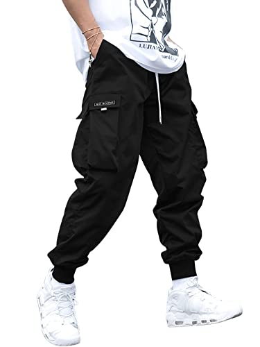 Romwe Men's Flap Pocket Drawstring Elastic Waist Letter Graphic Street Cargo Pants Black XL