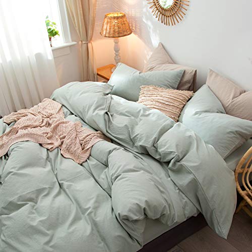 MooMee Bedding Duvet Cover Set 100% Washed Cotton Linen Like Textured Breathable Durable Soft Comfy (Sage Green, Queen)