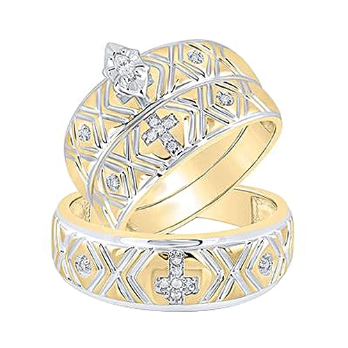 Dazzlingrock Collection 0.14 Carat Marquise & Round White Diamond Intricate Cross Design Trio Ring Set in 14K Yellow Gold, Women size 10 and Mens size 10