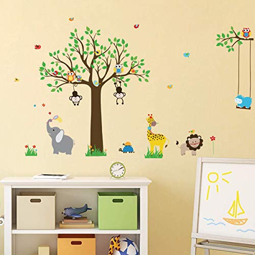 decalmile Jungle Animal Tree Wall Decals Lion Elephant Monkeys Wall Stickers Baby Nursery Kids Bedroom Playroom Wall Decor