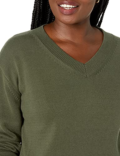 Daily Ritual Women's 100% Cotton Relaxed-Fit Long-Sleeve V-Neck Sweater, Olive, Large