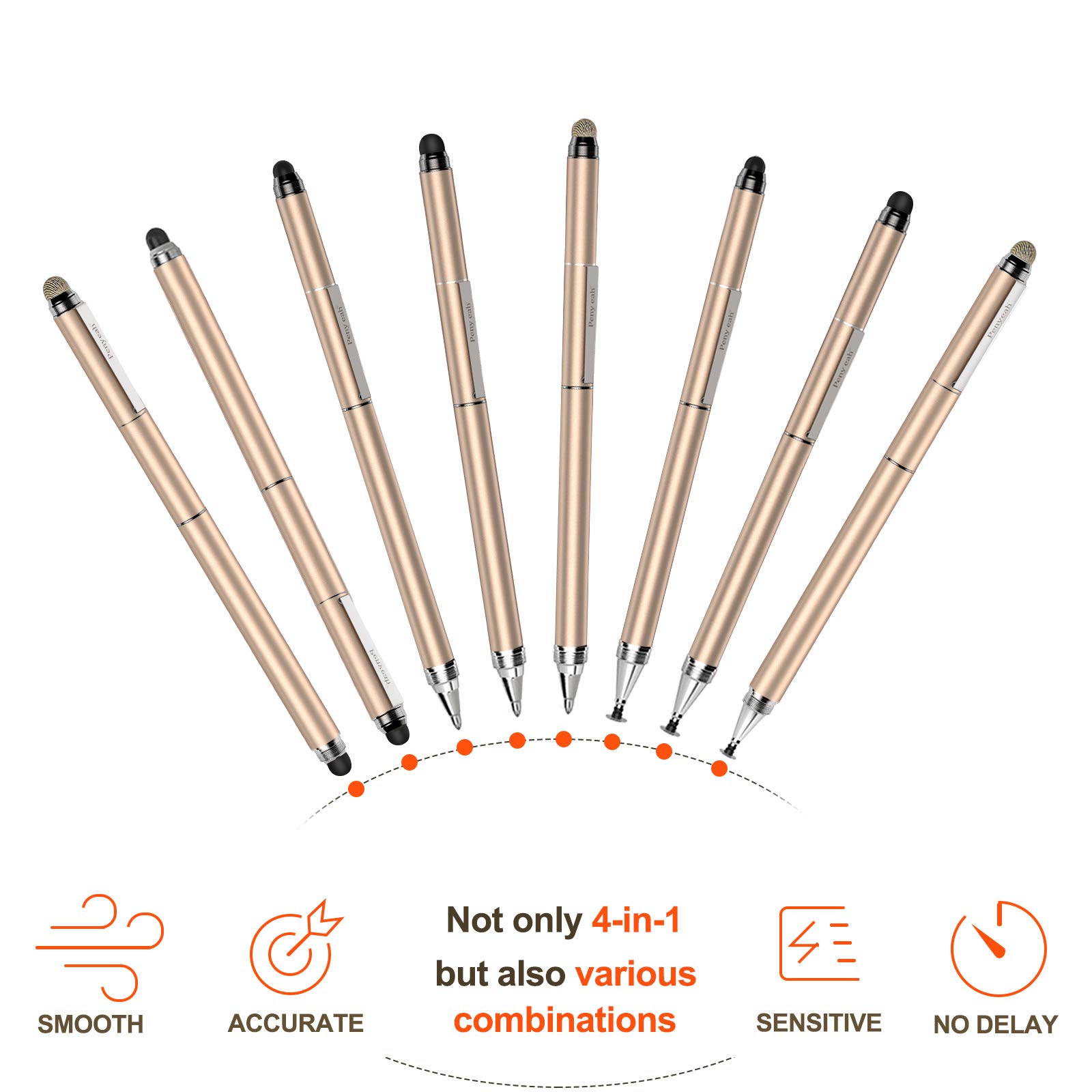 Penyeah Stylus pens for Touch Screens - [4-in-1] High Sensitivity and Precision Touch Screen Stylus Disc Tip,Black Rubber Tip & Mesh Fiber Tip Universal for All Capacitive Touch Screen Device (Gold)