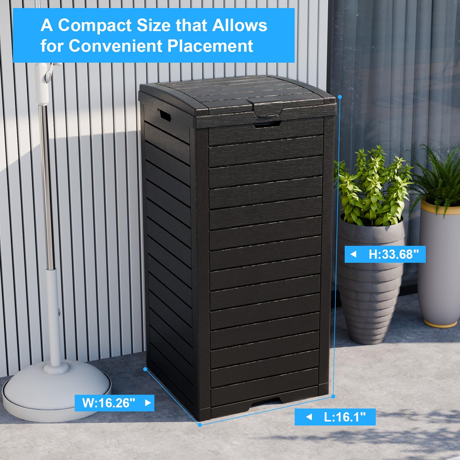 MAIUSCOLI Outdoor Trash Can with Lid, Outdoor Trash Bin & Pull-Out Liquid Drawer, Dual Lid Closure Design, Waterproof Resin Garbage Can Container for Patio, Backyard, Deck (Black, 31)
