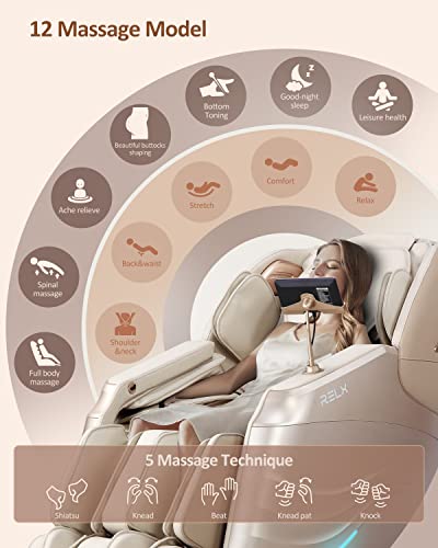 RELX Massage Chair Full Body Zero Gravity SL-Track Shiatsu Massage Chair, 12 Modes, Airbag Massage, with Yoga Stretch, Foot Massage, AI Control(Cream)