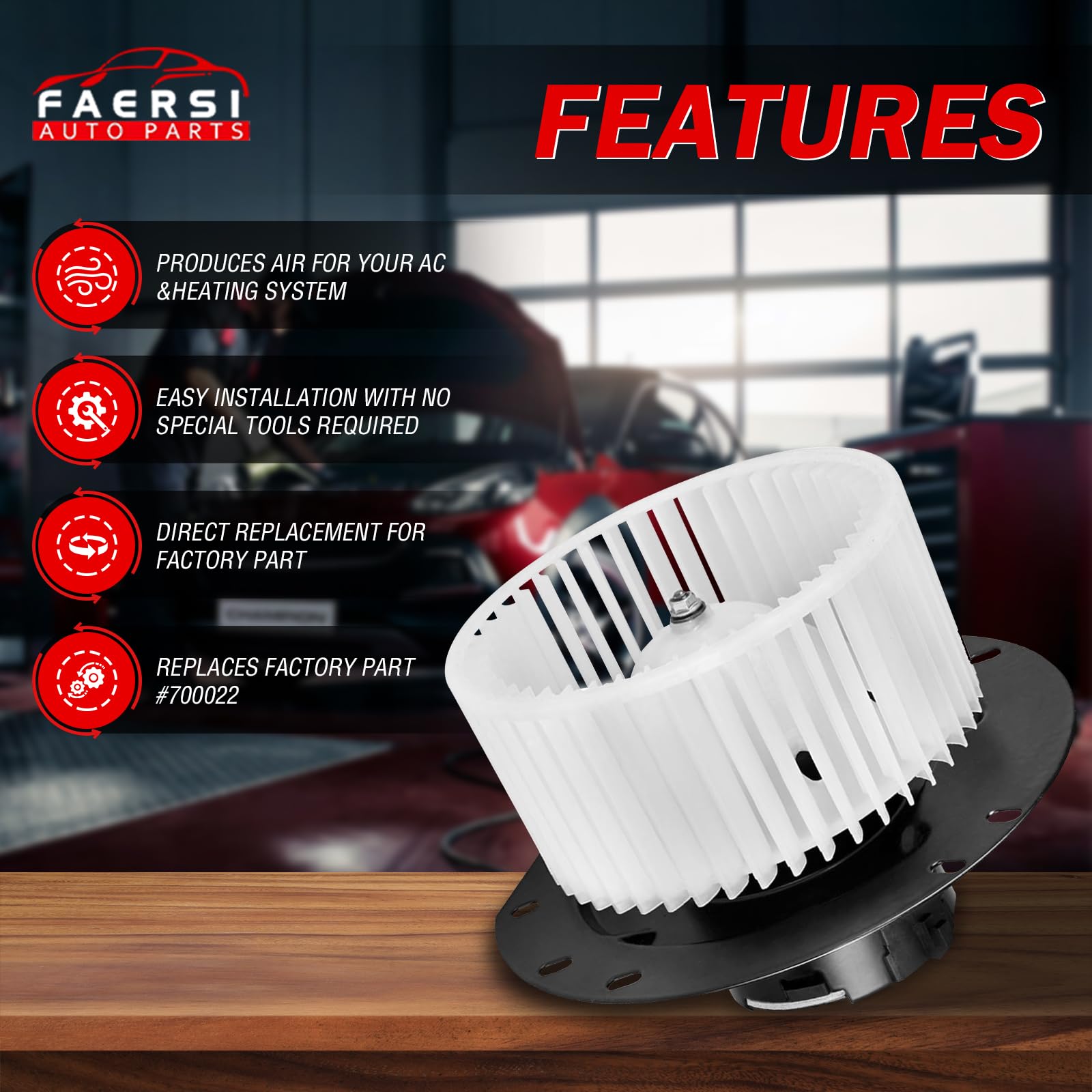 FAERSI HVAC Plastic Heater Front Blower Motor with Fan Cage 700022 Compatible with Ford, 1997-2014 E-150, 1997-2014 E-250, 1997-2016 E-350, 2000-2014 E-450, 1999-2006 Ford Econoline Van Front