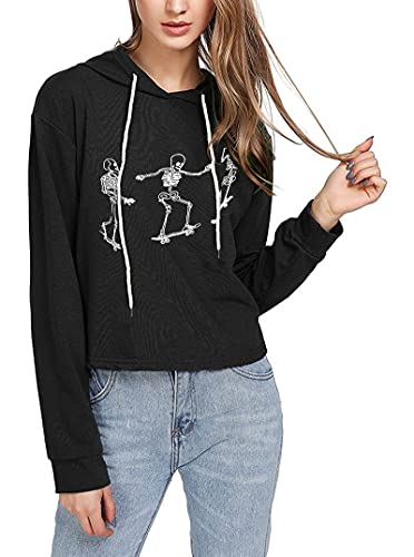 Remidoo Women's Casual Skull Print Long Sleeve Crop Top Hoodie Sweatshirt SK-Black Medium