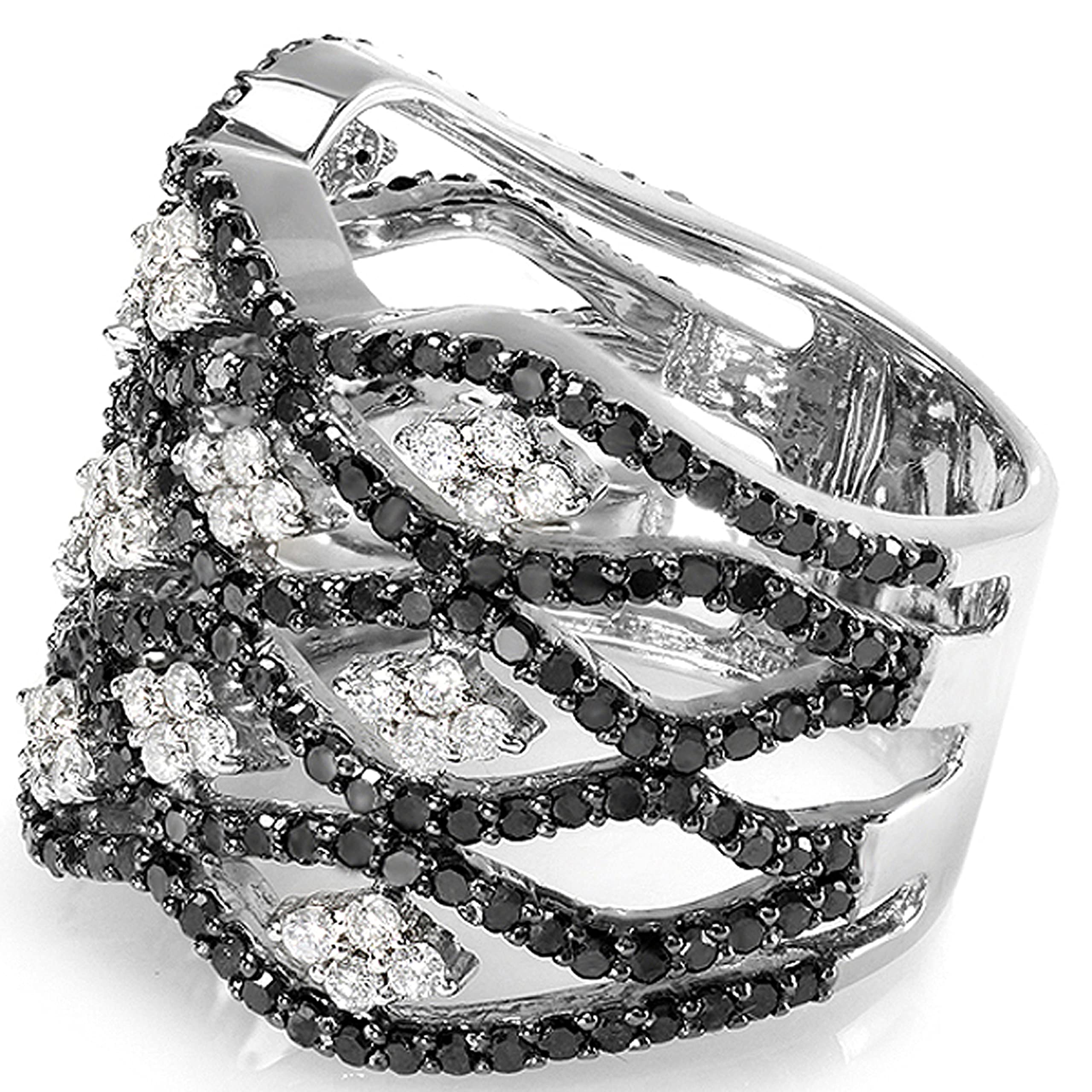 Dazzlingrock Collection 2.00 Carat (ctw) Round Black & White Diamond Wavy Marquise Shape Cluster Cocktail Right Hand Ring 2 CT for Women | 18K White Gold, Size 8.5