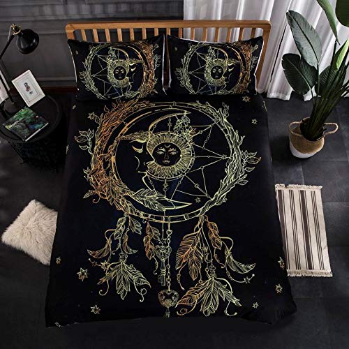 Duvet Cover Set with Zipper Closure Ties, Soft Microfiber Black Sun and Moon Stars Pattern Printed (Queen Size 1 Duvet Cover 2 Pillow Cases)