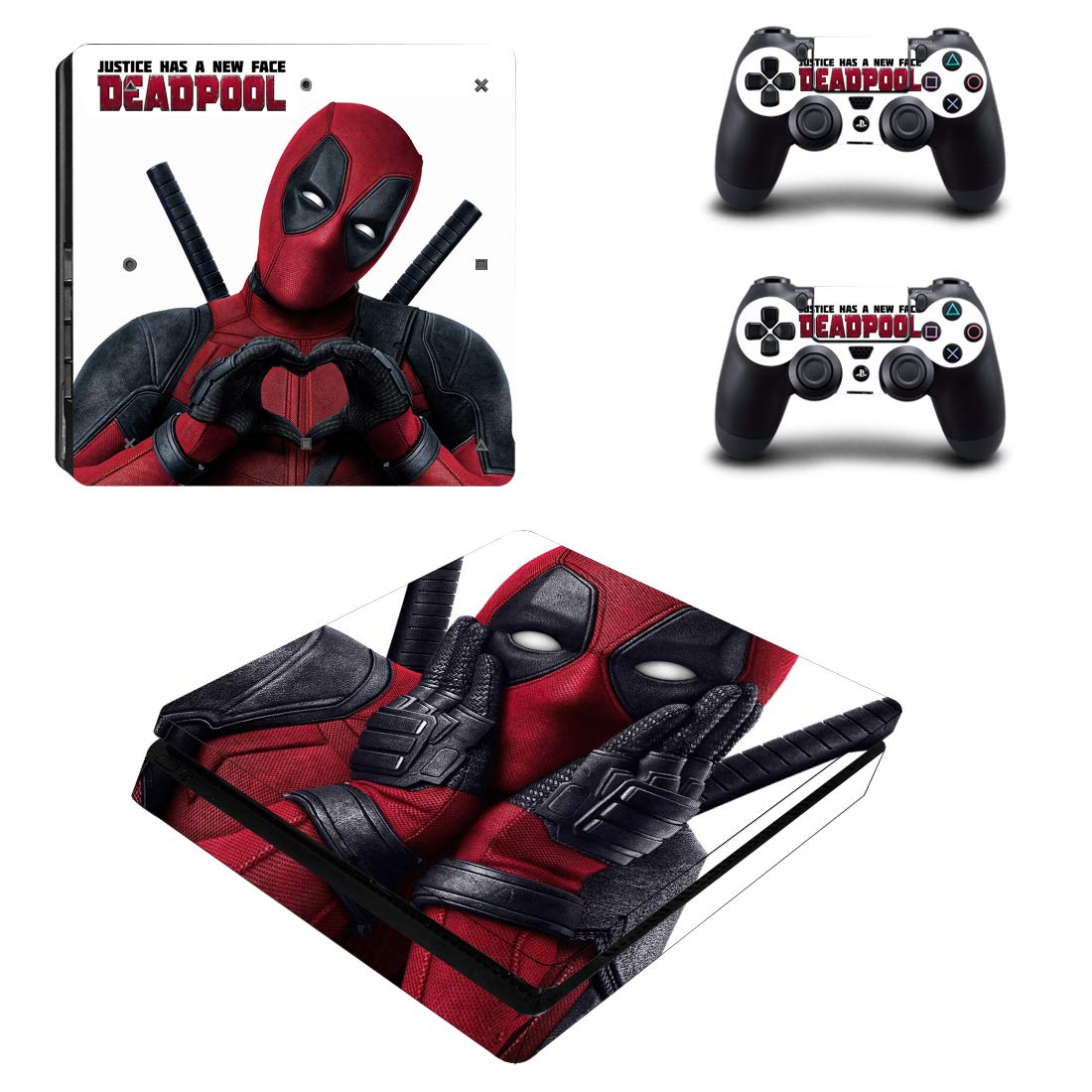 Decal Moments PS4 Slim Console Skin Set Vinyl Decal Sticker for Playstation 4 Slim Console Dualshock 2 Controller Deadpool (PS4 Slim Only)