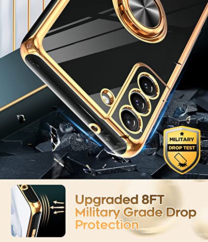 LeYi for Samsung Galaxy S21 FE 5G Case: with Tempered Glass Screen Protector [2 Pack] 360° Rotatable Ring Holder Magnetic Kickstand, Plating Rose Gold Edge Protective Case, Black