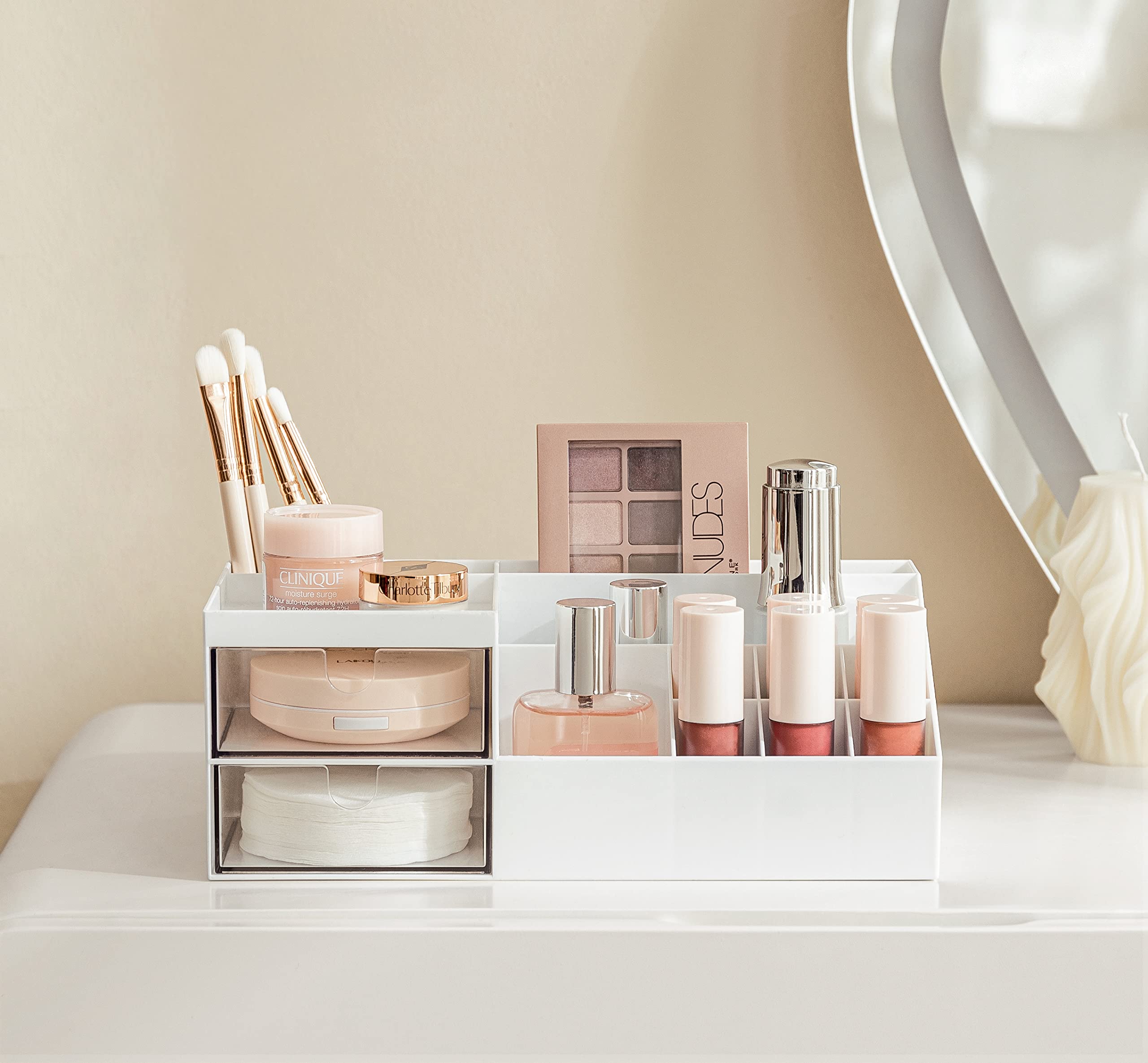 HBlife Makeup Organizer for Vanity Desk Organizers and Storage Skincare Organizers Cosmetic Display Case Desktop Organizer for Office, White