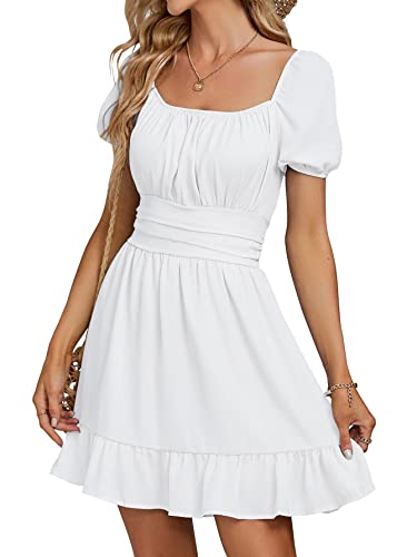 Rooscier Women's Square Neck Puff Short Sleeve Ruffle Elastic Waist Tie Back Mini Dress White Small