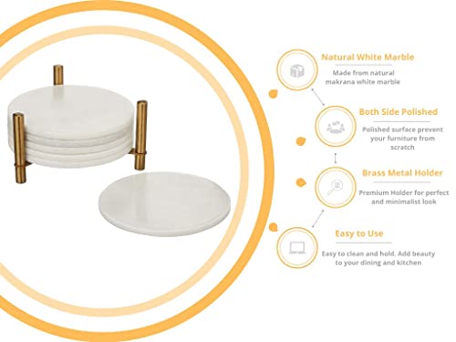 Queenza Marble Coasters for Drinks, Set of 6 Coasters with Holder, Pearl White Marble Coasters 3.5 Inch Wide 5 mm Thick Gold Coasters For Drinks, Both Side Polish For Scratch Free Surface Coaster Set