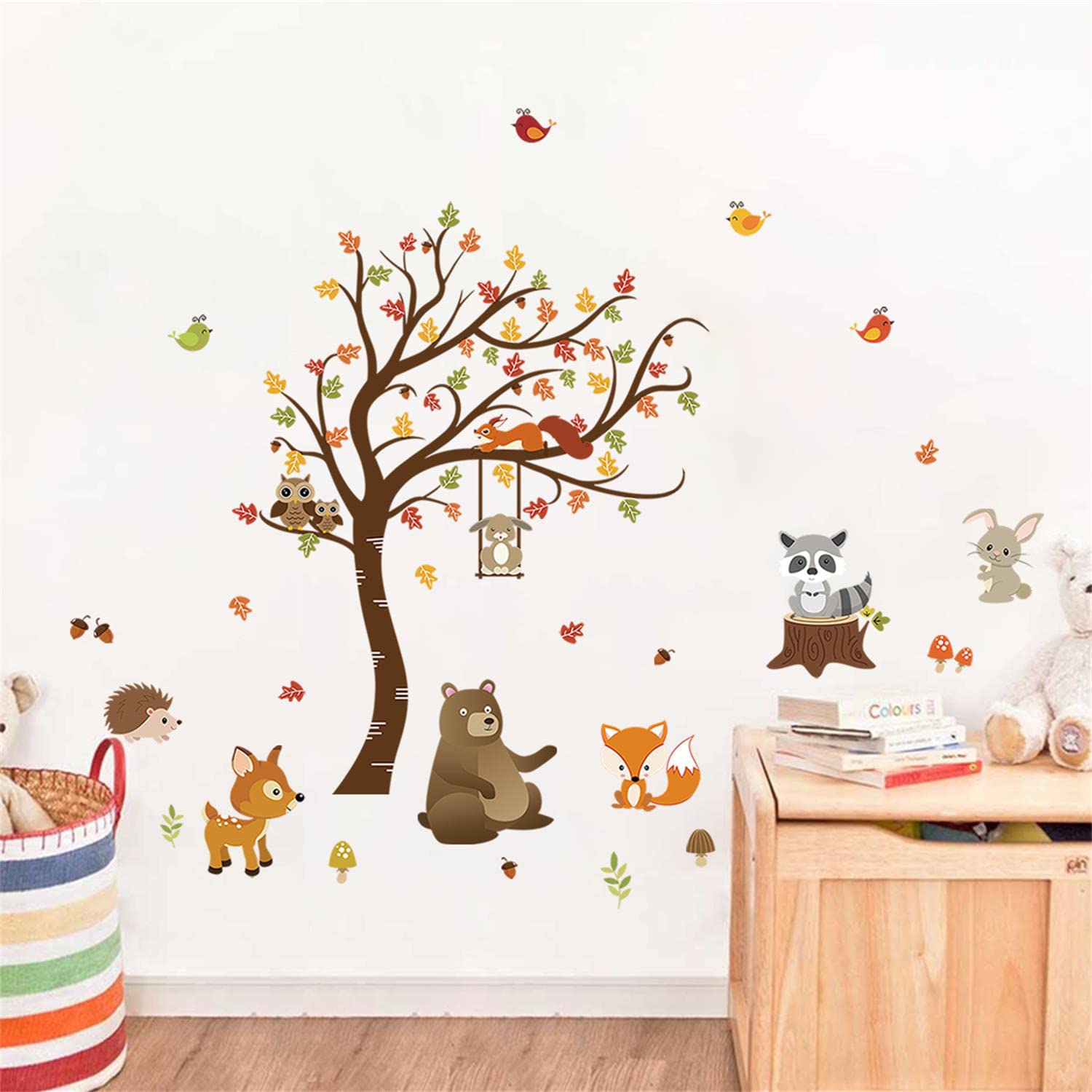decalmile Forest Animals Tree Wall Decal Fox Deer Fall Leaves Wall Stickers Baby Nursery Kids Bedroom Classroom Wall Decor (H: 31 Inches)