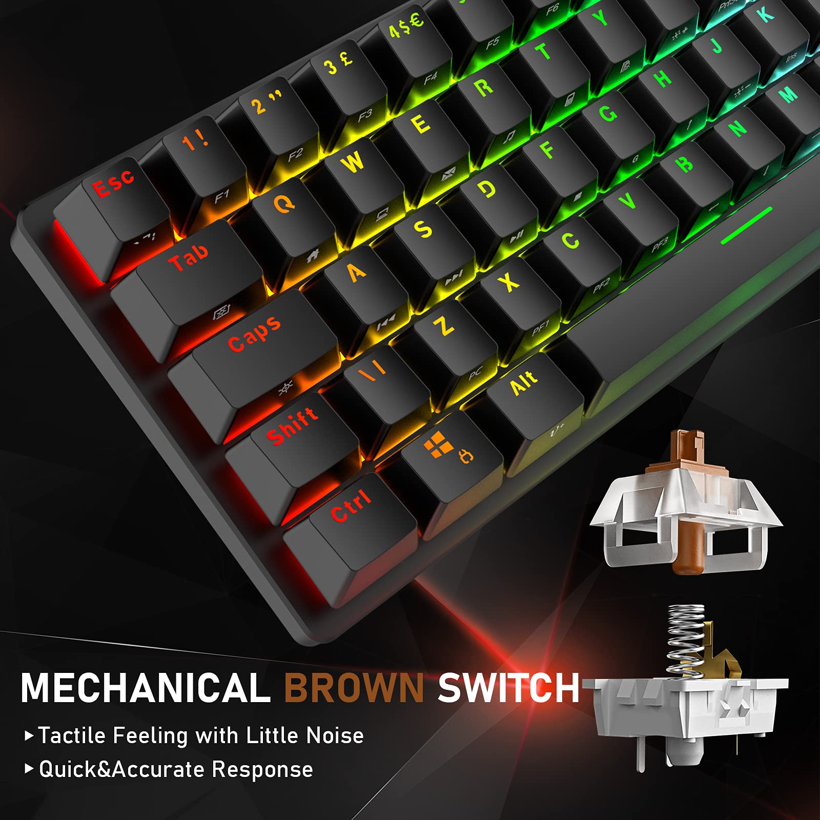 Compact 60% Mechanical Gaming Keyboard with Ergonomic Anti-ghosting Mini 61 Key Layout Rainbow RGB Backlight Waterproof Metal Plate Type-C USB Wired for PC Mac Gamer Office Typist (Black/Brown Switch)