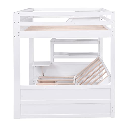 SOFTSEA Full Over Futon/Full Bunk Bed with Storage Staircases, Convertible Couch and Bed with Drawers, Wood Bunk Bed Frame for Kids Teens, No Box Spring Needed (White)