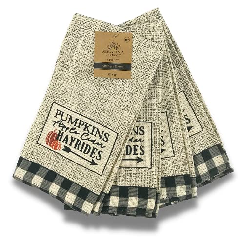 Farmhouse Country Black White Check Faux Burlap Kitchen Towels Set 4 Pc.: Harvest Farm Sign for Pumpkins Apple Cider Hayrides Fall Fun