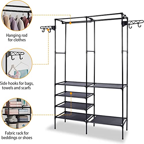 KOCASO Clothes Garment Rack 42.1"x14"x66.1", Metal Clothing Rack, Freestanding Wardrobe Closet Rack with 4 Shelves, Closet Organizer with 2 Hanging Rods Black