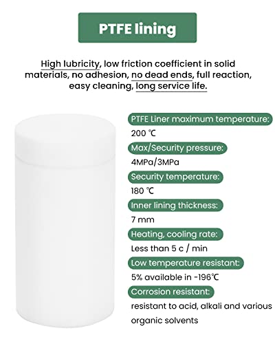 Huanyu 50ml PTFE Lined Hydrothermal Synthesis Autoclave Reactor 200℃ 3Mpa with PTFE Chamber High Pressure Digestion Tank Stainless Steel vessel Kettle for lab corrosion resistance