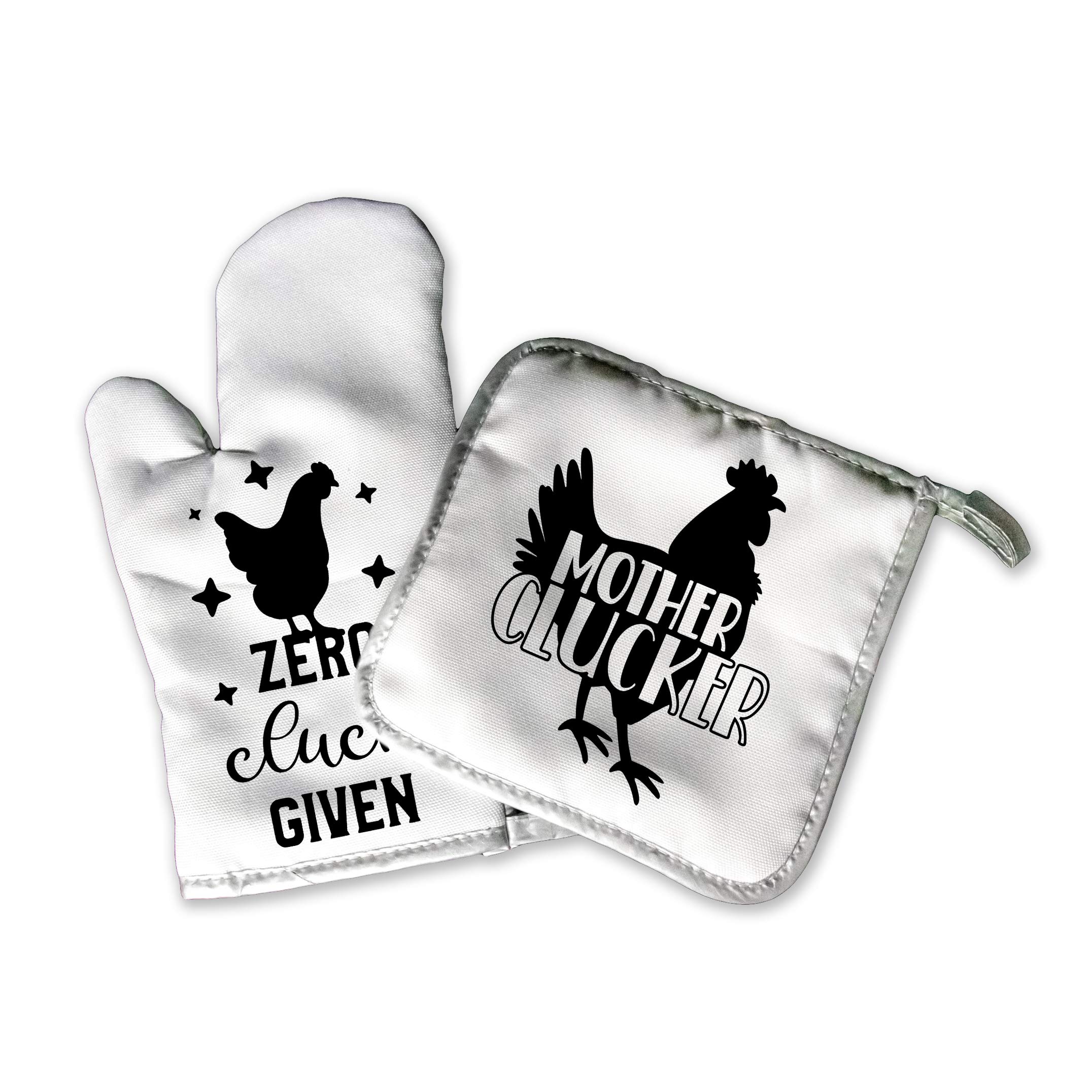 Farmhouse Decorative Kitchen Hot Plate Pot Holder Oven Mitt Set | Zero Clucks Given Mother Clucker | Funny Country Rustic Summer Fall | White Home Decor Decorations