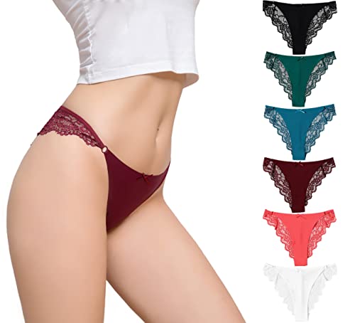 Solavia 6 Pack of Lace Panties for Women, Soft Stretch No Show Tanga, Sexy Cheeky Underwear, Seamless Front Design