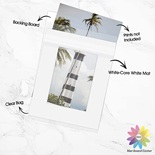 MBC Mat Board Center, Set of 12 8x10 White Picture Mats for 5x7 Photos - Includes Pre-Cut White Picture Mats, Backing Boards and Clear Bags - 1/16" Thick, White Color