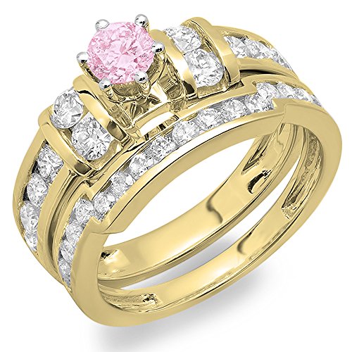 Dazzlingrock Collection 14K Pink Sapphire & White Diamond Women Engagement Ring Wedding Band Set, Yellow Gold, Size 8.5