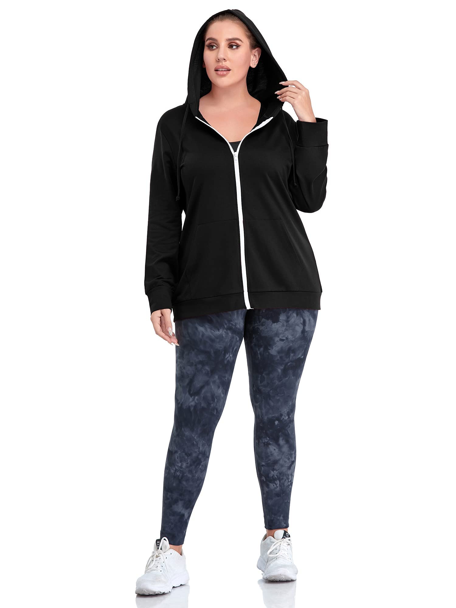 FOREYOND Plus Size Full Zip Hoodies for Women Long Sleeve Sweatshirt Workout Jackets with Kanga Pocket Black 2X