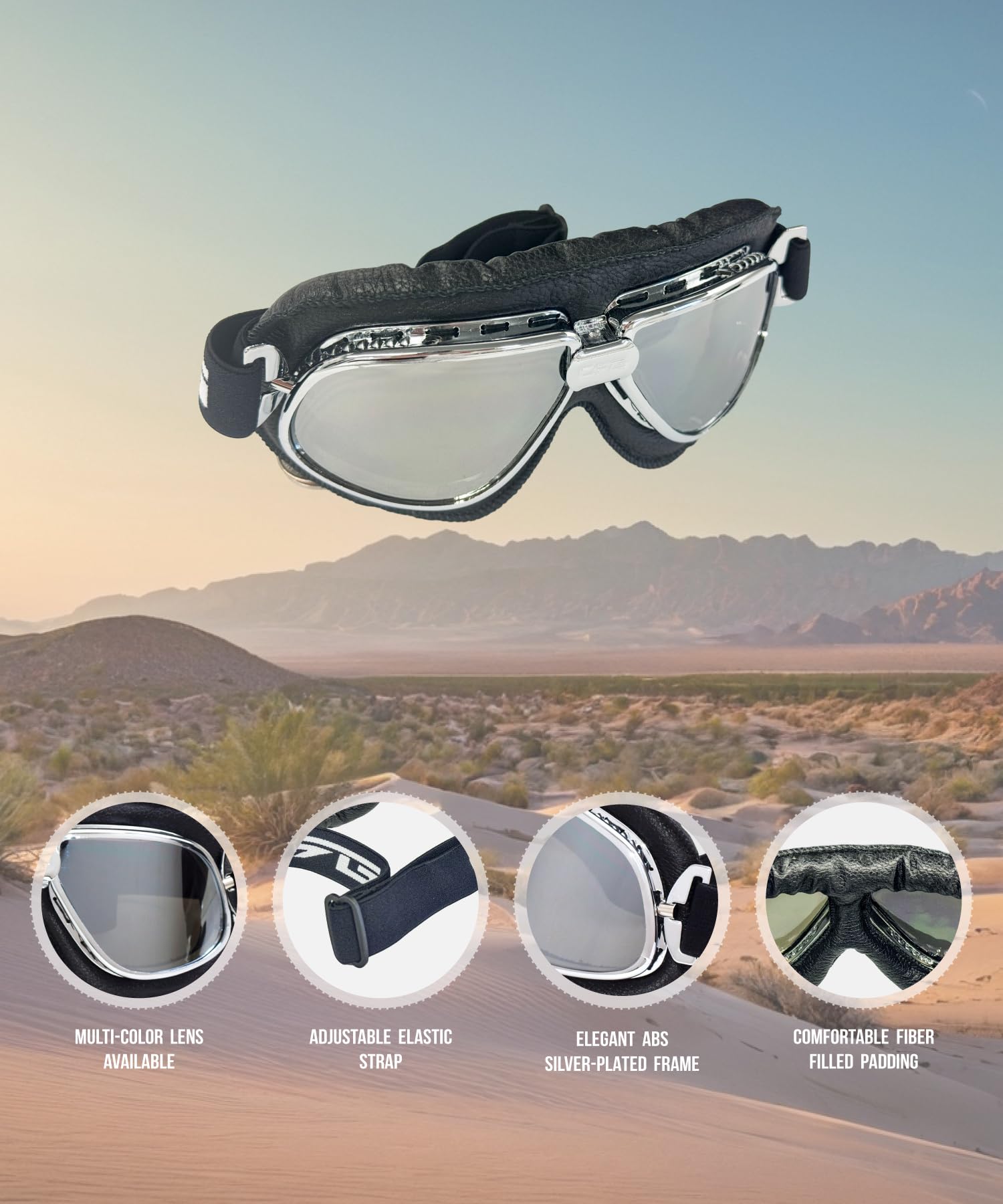 CRG Sports Motorcycle Goggle Aviator Pilot Style Cruiser Scooter Motocross Goggles for Men, Women, Adults
