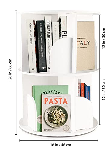 Rotating Bookshelf | Spinning Bookshelf | Small Bookshelf | 2 Tier Round Bookshelf | Plastic Bookshelf For Office Living or Kids Room | Revolving Bookcase | 360 Rotating Bookcase | White Bookshelf