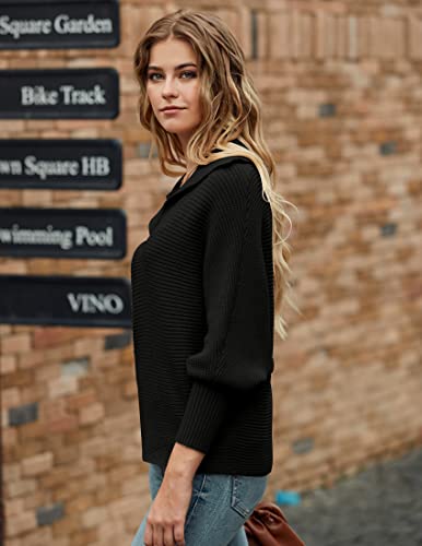 MEROKEETY Women's Batwing Long Sleeve V Neck Pullover Sweaters Foldover Collared Casual Knit Jumper Tops Black