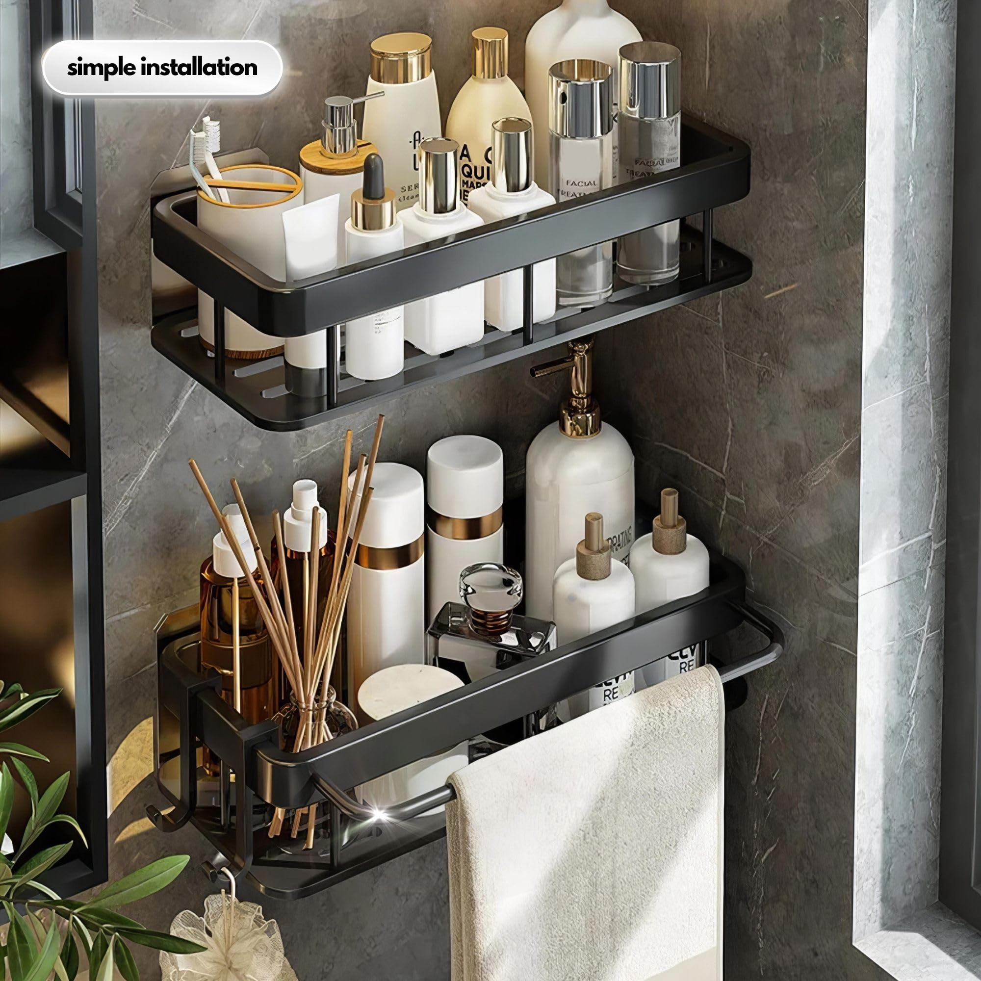 MAXHEM Shower Caddy Basket Shelf Storage Rack, Self-Adhesive Aluminum Wall Mounted Bathroom or Kitchen Organizer Space for (2 Pack), No Drilling Bathroom Shelves with 2 Hook + 1 Towel Bar