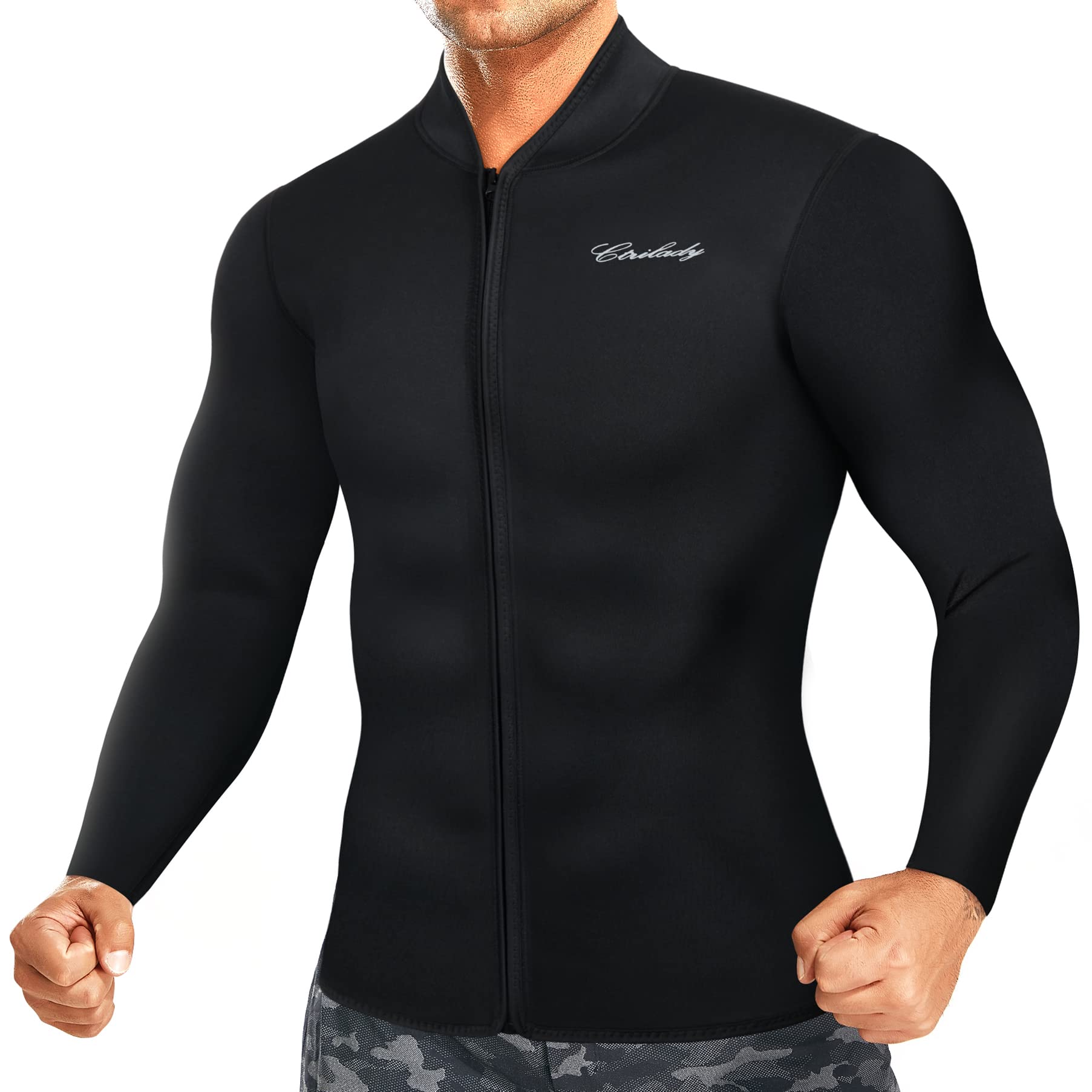 CtriLady Men's Best Neoprene Wetsuit Jacket Front Zipper Long Sleeves Workout Tank Top for Swimming Snorkeling Surfing (Black, XL)