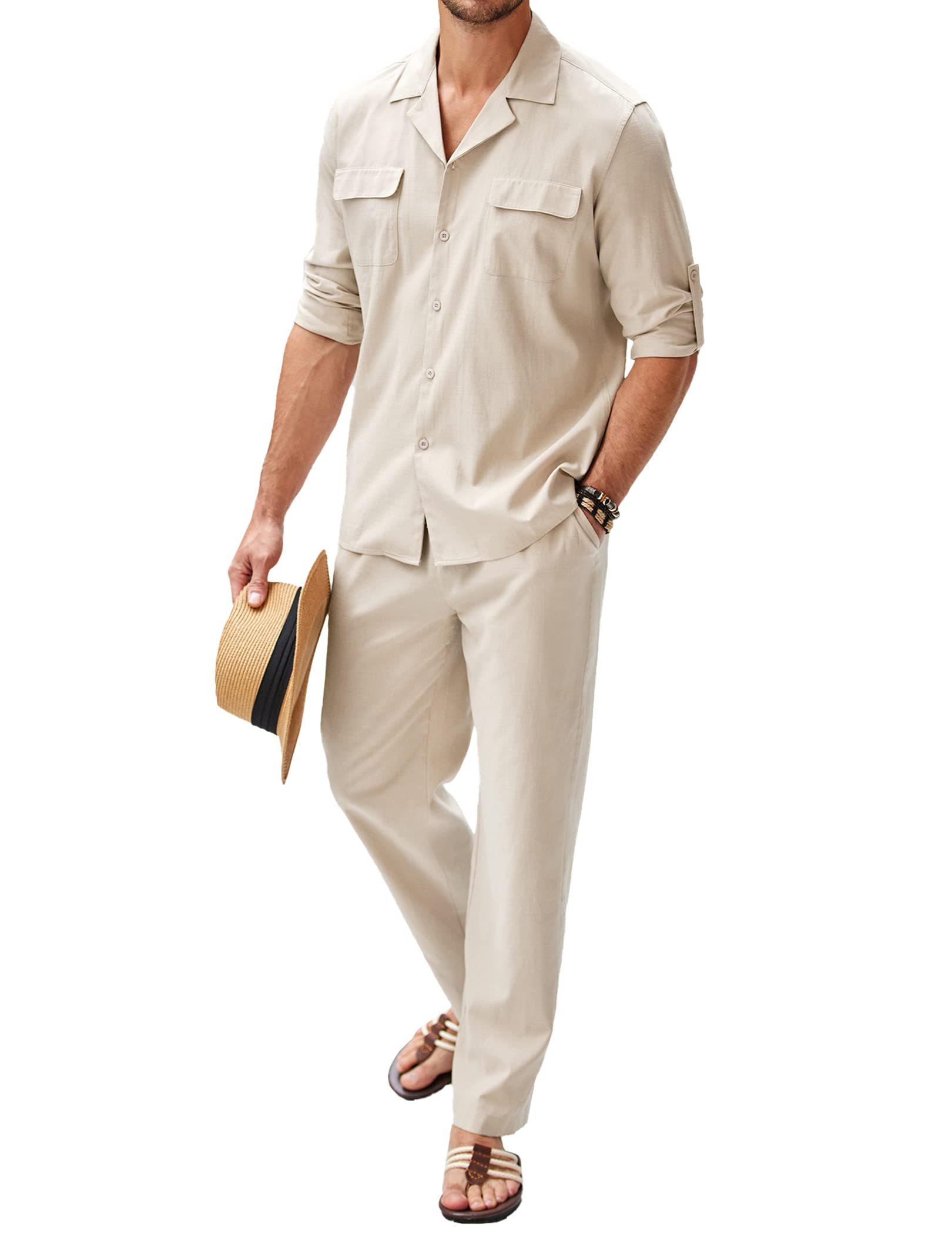 COOFANDY Men Beach Outfits Sets 2 Pieces Cotton Linen Button Down Shirt and Casual Loose Trousers Summer Suit
