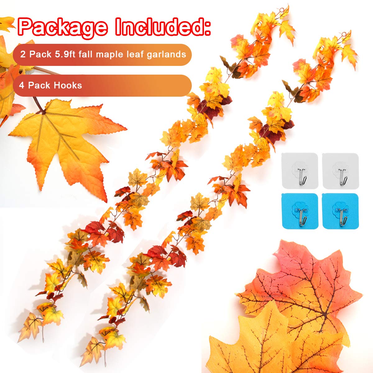 Coolrunner 2 Pcs Fall Maple Leaf Garland, Artificial Fall Leaves Garland, 5.9FT Hanging Vine Garland Artificial Autumn Foliage Garland for Home Garden Wall Doorway Backdrop Fireplace Thanksgiving Dec