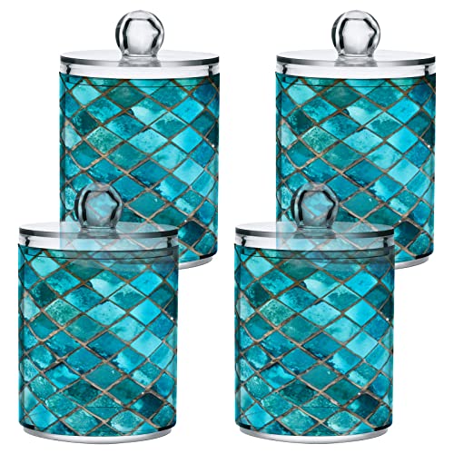 MCHIVER Teal Mermaid Bathroom Canisters Organizer 2 Pack Clear Plastic Jars with Lids 10 Oz Vanity Organizer for Cotton Round Pads Ball Swab Floss