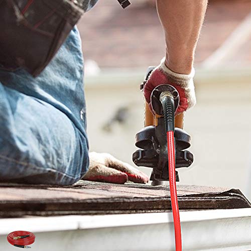 Hromee 1/4-Inch x 100 Feet Polyurethane Air Hose with Bend Restrictors PU Compressor Hose with 1/4" Industrial Quick Coupler and Plug Kit, Red