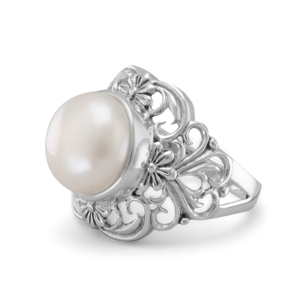 Cultured Freshwater Pearl Ring with Filigree Design Sterling Silver, 7