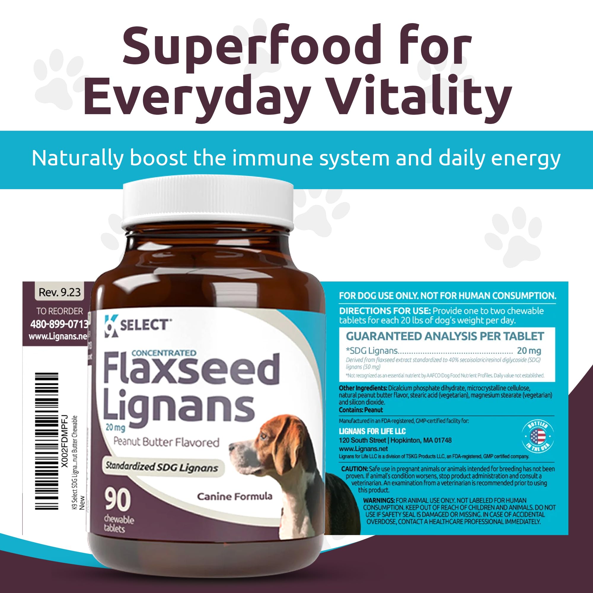 K9 Select Concentrated Flaxseed Lignans for Dogs, 20mg 90 Tablets, Flax Seed Natural Tablets, Peanut Butter Flavored Chewable Tablets, Natural Flaxseed Lignans for Dogs, Flax Impove Dog's Coat
