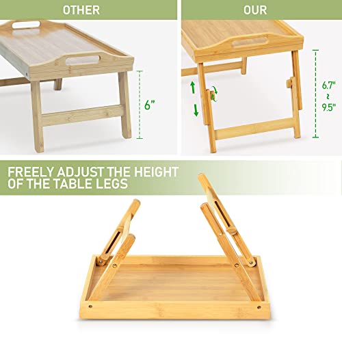Mayyol Breakfast Bed Tray for Eating - Raised Food Table Up to 9.5" on Lap Sofa - Adjustable Bamboo Serving Tray - Portable Snack Platter with Folding Legs Ideal for Bedroom Picnic