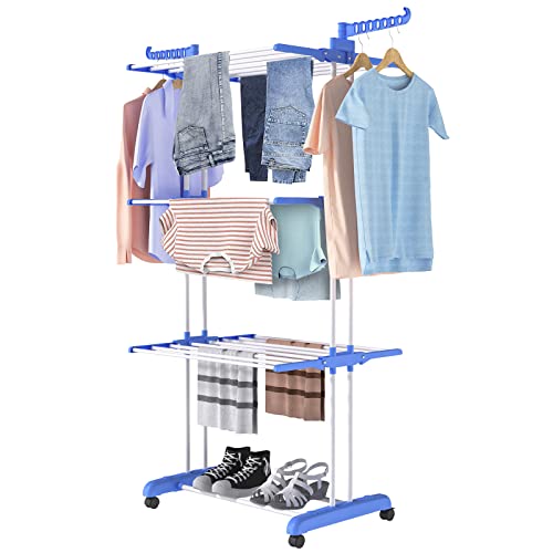 Mbillion Clothes Drying Rack Wall Mounted Space Saver Clothes Hanger Rack with Towel Bar Heavy Duty Suction Cups for Balcony Laundry Bathroom Patio and Bedroom (Blue)
