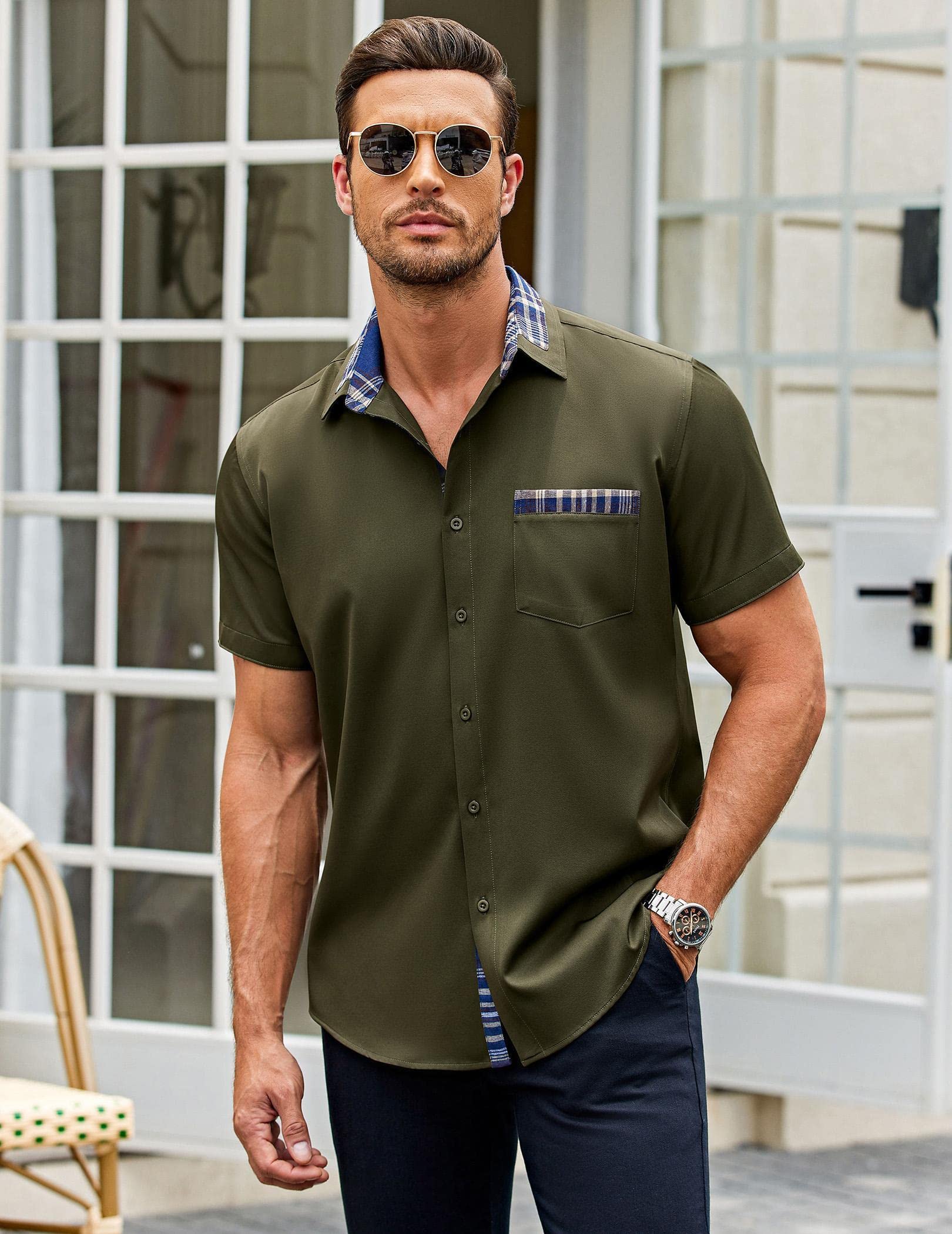 COOFANDY Men's Short Sleeve Dress Shirt Slim Fit Button Down Summer Shirt Army Green