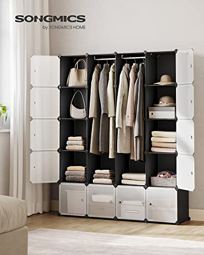 SONGMICS Cube Storage Organzier Portable Wardrobe Closet, 12 Cubes DIY Plastic Armoire Cabinet Modular Shelves Unit with Doors and Hanging Rods for Bedroom, Black ULPC301B01