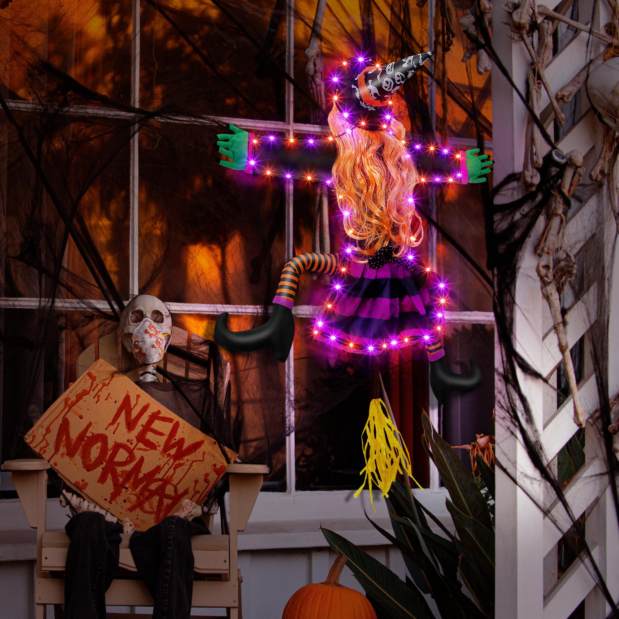 Crashing Witch into Tree Halloween Decorations (43 Inch Tall), Large Crashed Witch Sewed with Solar String Lights for Outdoor Porch Garden Patio Pathway Party Halloween Decor (Orange)