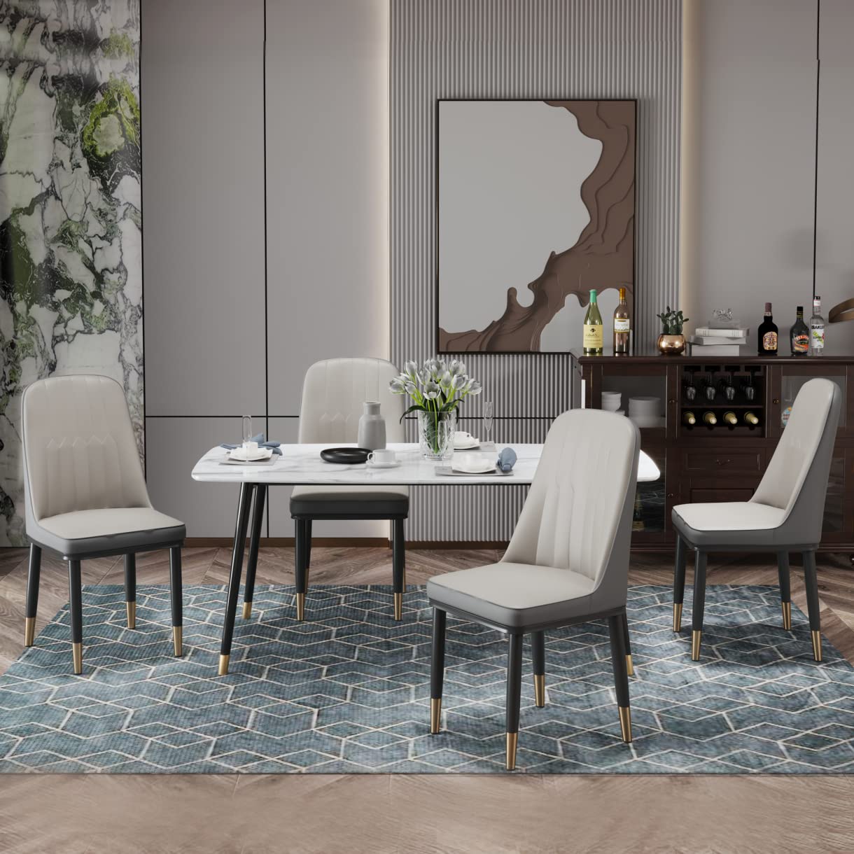Dining Chairs Set of 4, Upholstered Dining Chairs with High Back and Metal Legs, Kitchen & Dining Room Chairs in Leather, Mid Century Modern Dining Chairs for Living Room, Restaurant, Kitchen, Beige