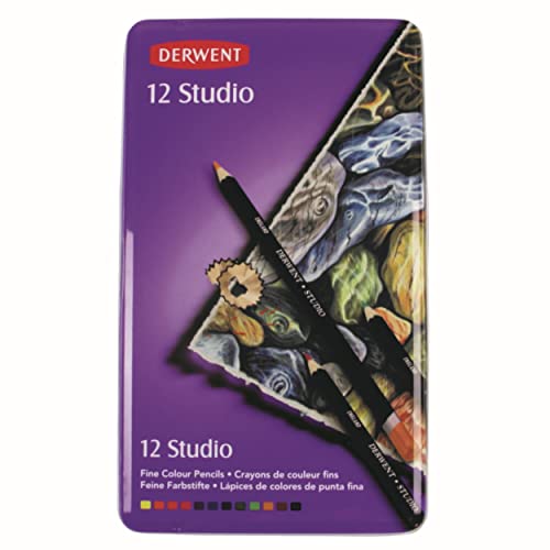 Derwent Studio Colored Pencils, 3.4mm Core, Metal Tin, 12 Count (32196)