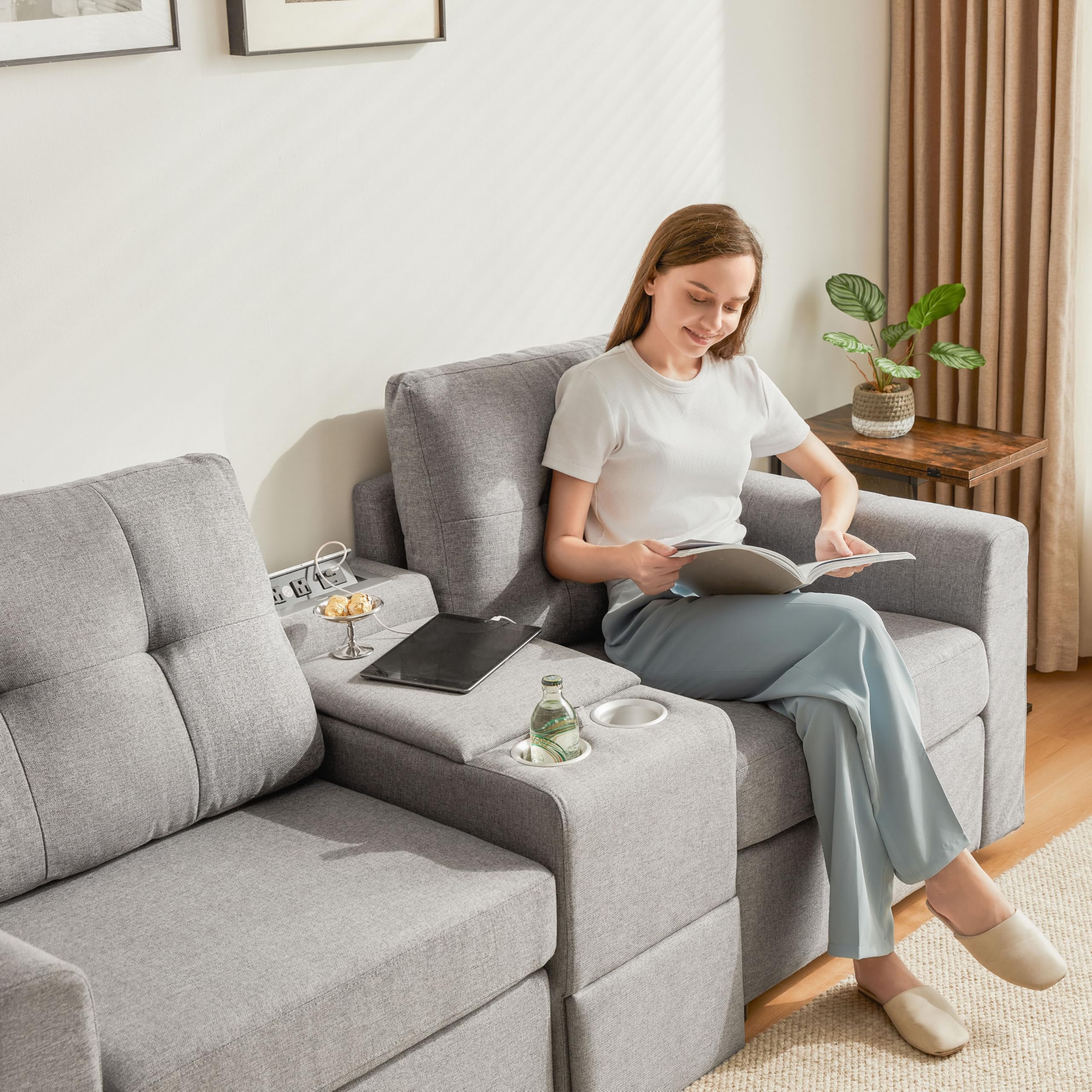 LINSY HOME Versatile Console Table for Rubik III Modular Sofa, Multifunctional Side Table with Tray, Cup Holders, Storage Space and Charging Ports, Light Grey