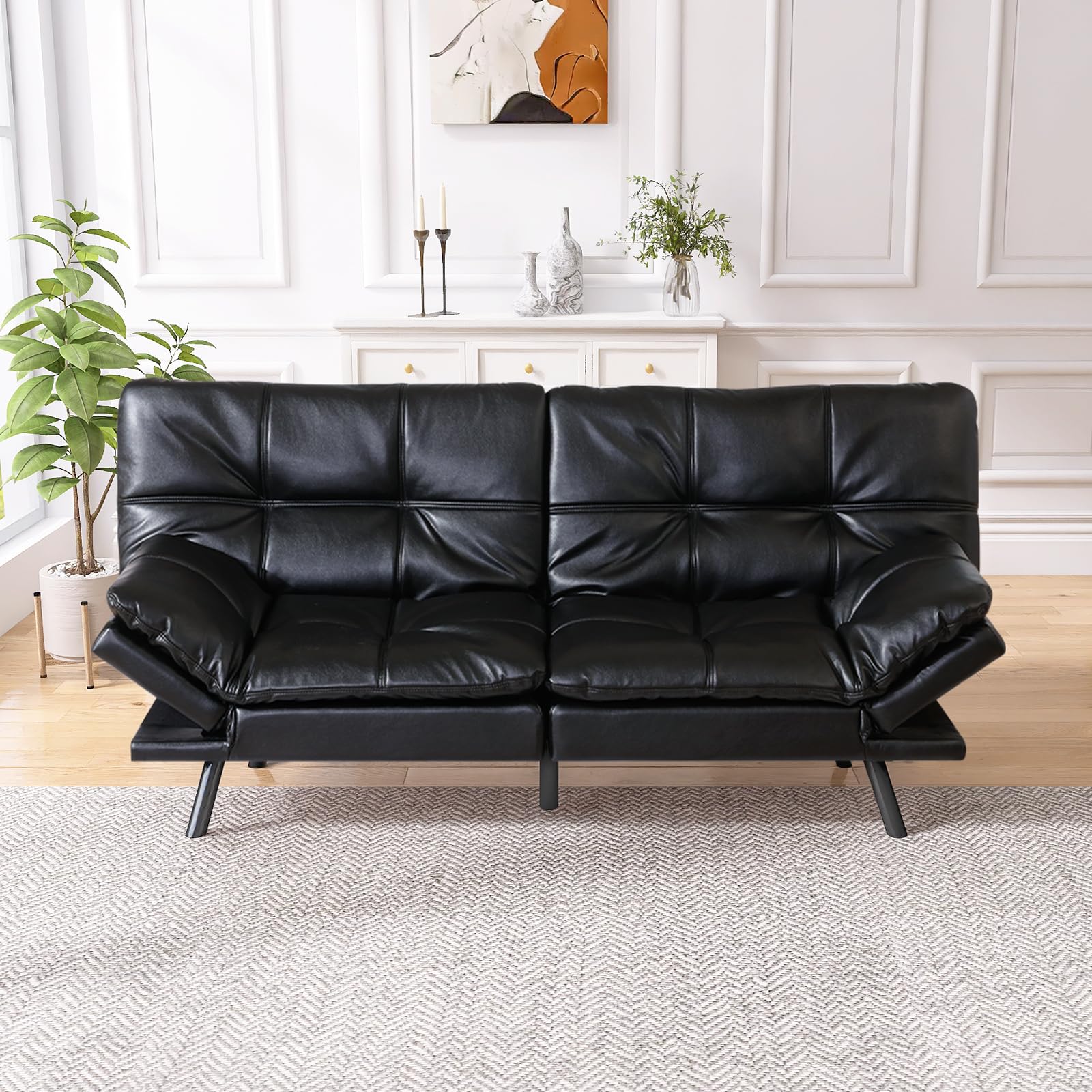 Hcore Convertible Faux Leather Futon Sofa Bed Couch,Memory Foam Futon Sofa Couch,Loveseat Sleeper Sofa Bed,Small Splitback Modern Sofa Bed for Living Room,Office,Apartment,Bright Black