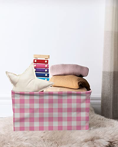 Cube Storage Bins Cloth Towel Organizer Valentine's Day Easter Pink Plaid Checkered Fabric Collapsible Storage Baskets with Handles for Home Office Closet Shelves Toy Nursery 2 Pack