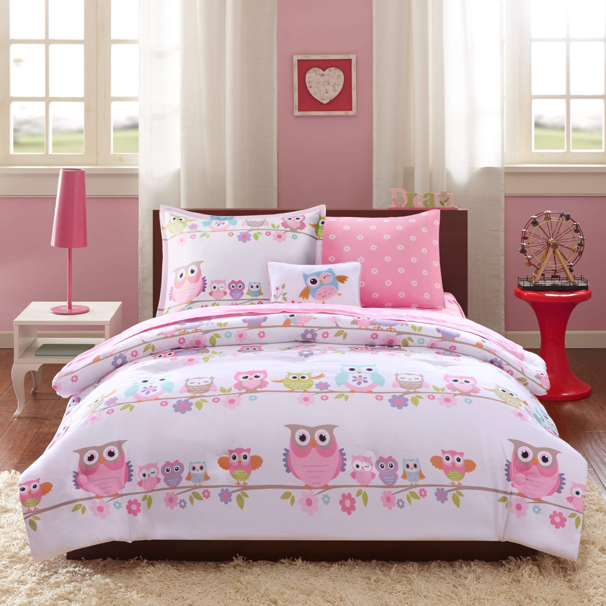 Mi Zone Kids Wise Wendy Bag in A Bag Sets For Girls, Owl Kids Girl Bedding Set – Ultra Soft Microfiber Childrens Bedroom Bed Comforters, Full, White 8 Piece